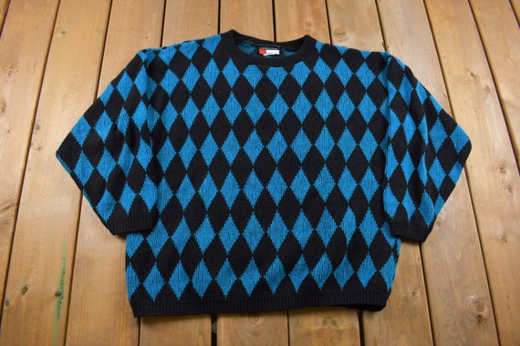 Vintage 1990s Headliners Diamond Pattern Knitted Crew… - Gem