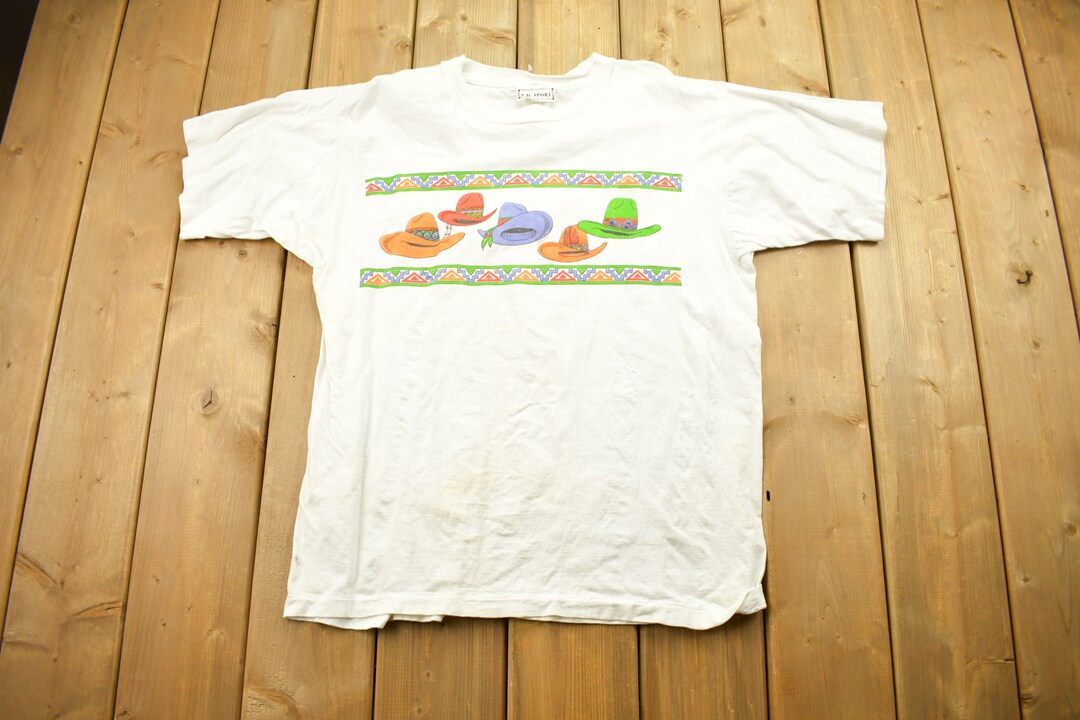 Vintage 1990s Cowboy Hat Western Style T Shirt / White Tee / South Western / Cowboy Style ...