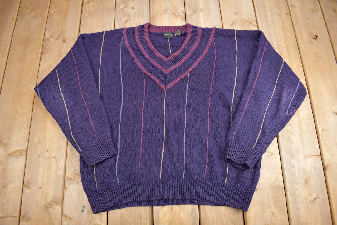 Vintage 1990s Structure Striped Knit V Neck Sweater / Vintage 90s ...