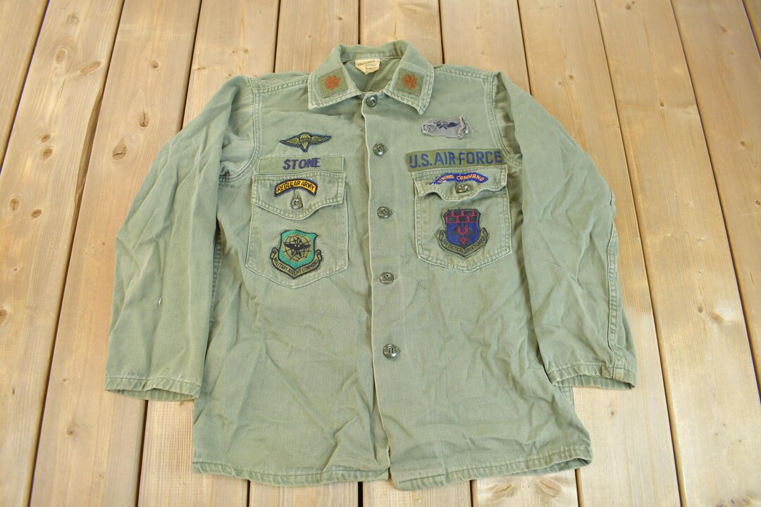 Vintage 1960s US Military Patchwork Sateen Shirt / US Army Green ...