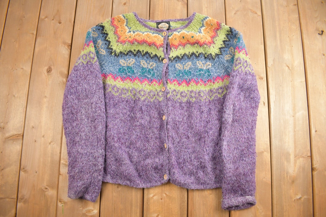 Vintage 1990s Rainbow Floral Knitted Cardigan Sweater / Vintage ...