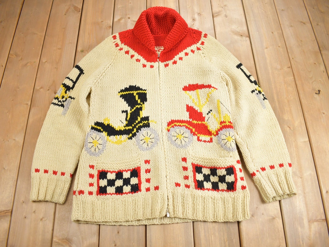 Vintage 1950s Hand-knit Vintage Car Theme Cowichan Sweater / Wool ...