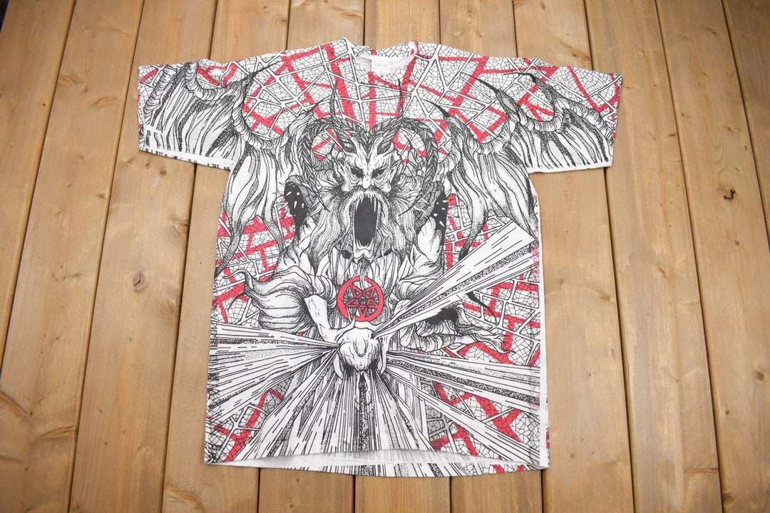 Vintage 1990s Morbid Rags Demon Graphic All Over Print T-shirt / 90s ...