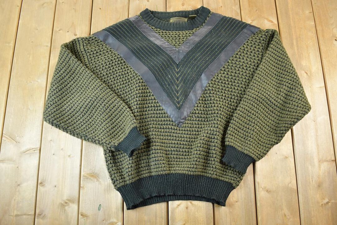 Vintage 1990s Gabrielle Leather Patch Olive 3D Colored Cable Knit ...