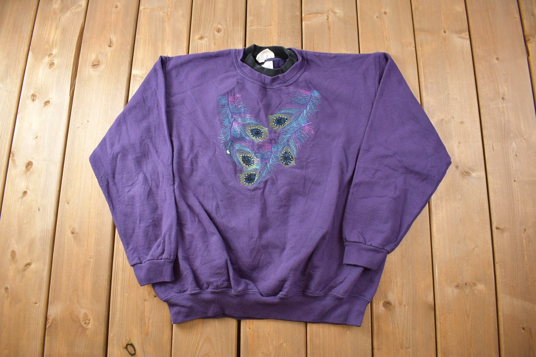Vintage 1990s Peacock Feather Cute Crewneck Sweater / Double Collar ...