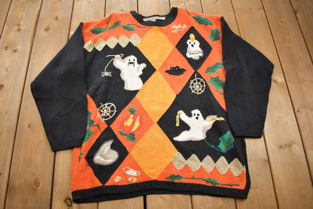 Vintage 90s Halloween Ghost Graphic Knit Sweater / 90s Holiday Sweater ...