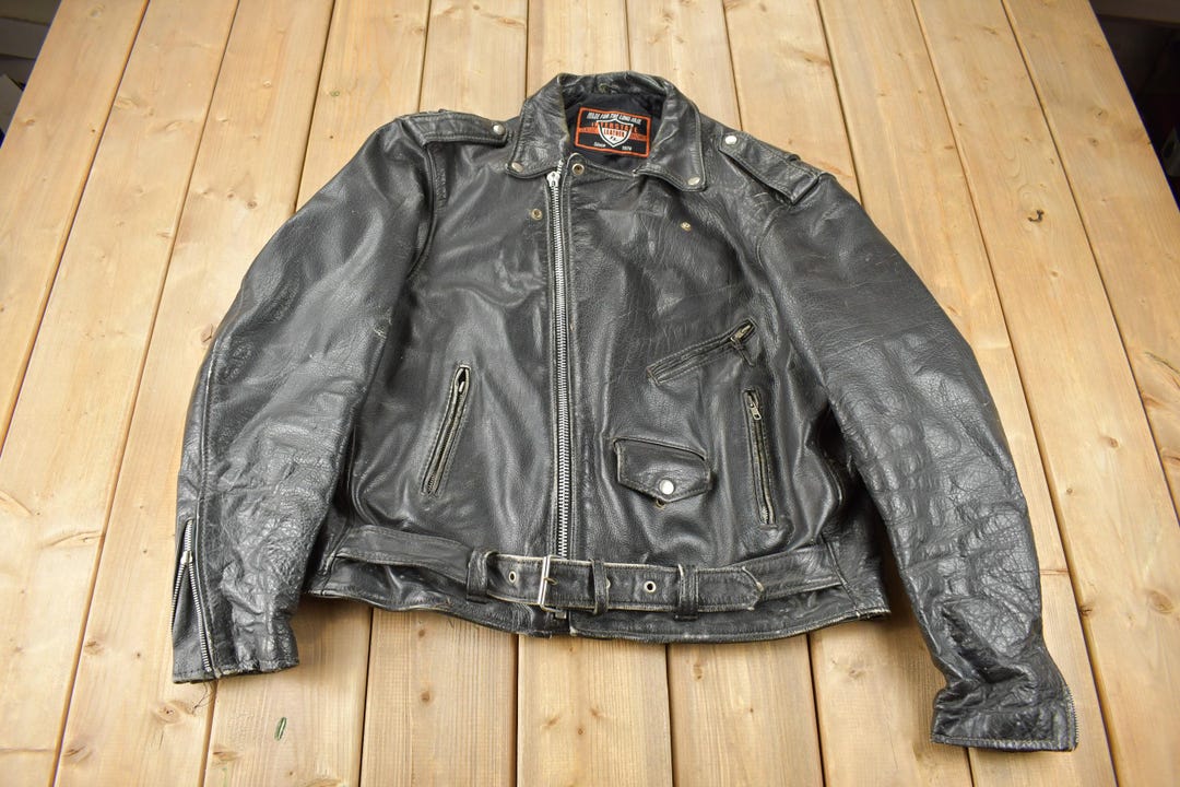 Vintage 1990s Interstate Leather Motorcycle Biker Jacket / Leather Coat ...
