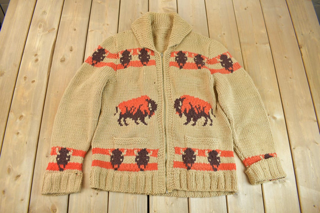 Vintage 1950s Hand-knit Buffalo Theme Cowichan Sweater / Wool / True ...