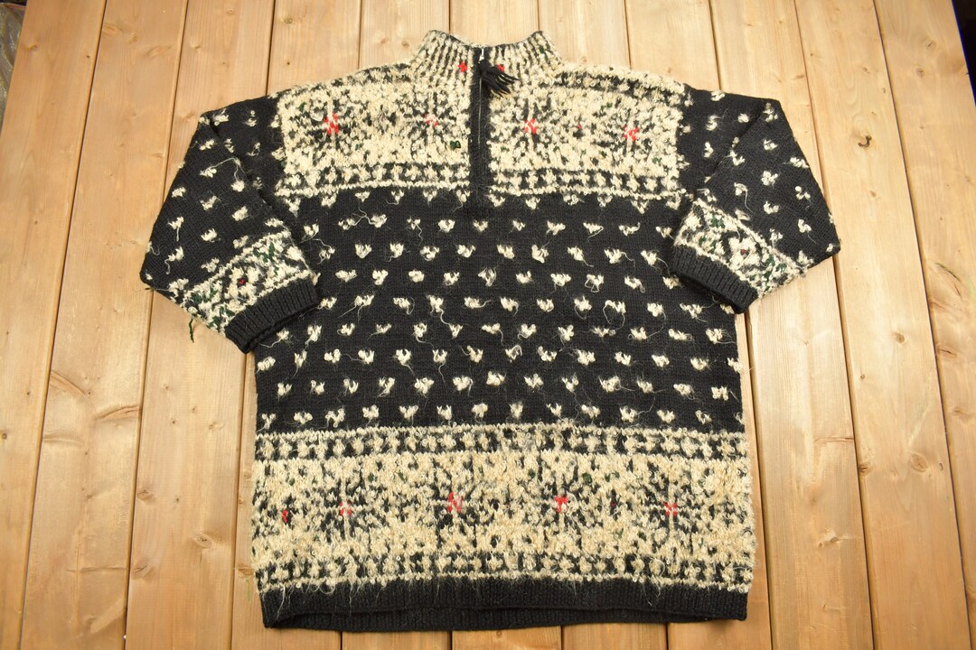 Vintage 1990's Jones New Patterned Knit Zip up Sweater / Quarter Zip ...