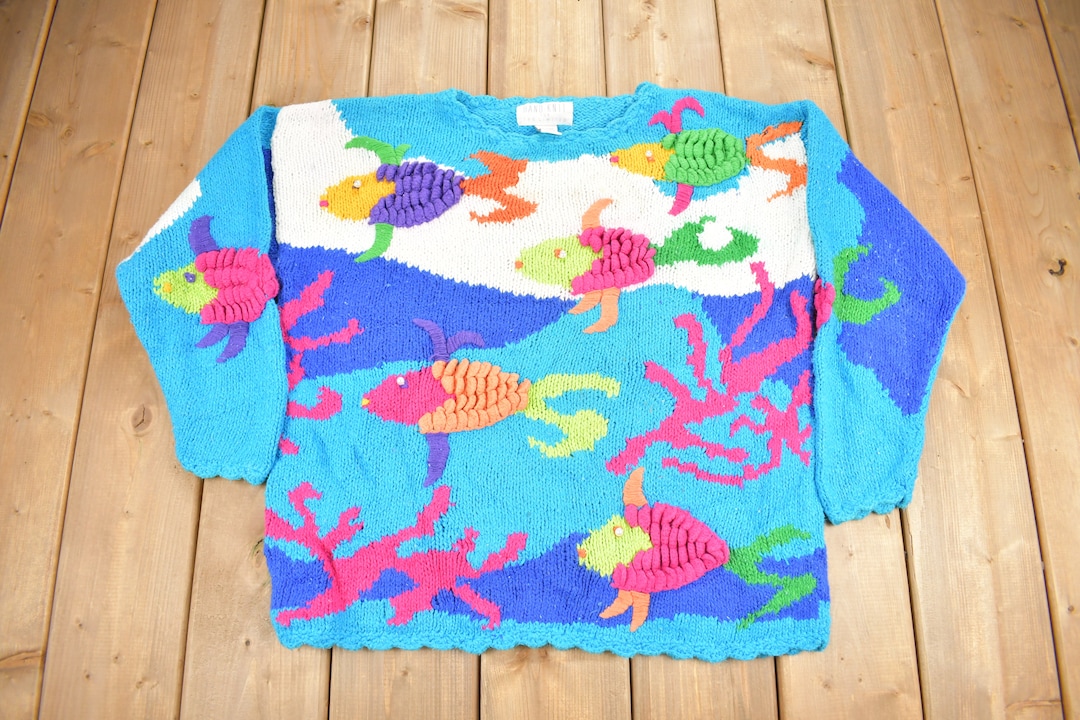 Vintage 1990s Fish Theme Hand Knit Women's Crewneck Sweater / Vintage ...