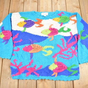 Vintage 1990s Fish Theme Hand Knit Women's Crewneck Sweater / Vintage ...