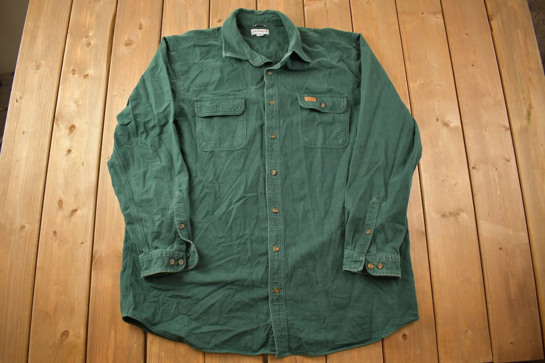 Vintage 1990s Carhartt Green Blank Button up Shirt / Carhartt Original ...