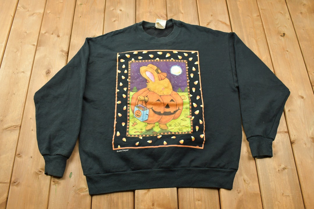 Vintage 1990s Laura Trayser Halloween Theme Pumpkin Crewneck Sweater ...