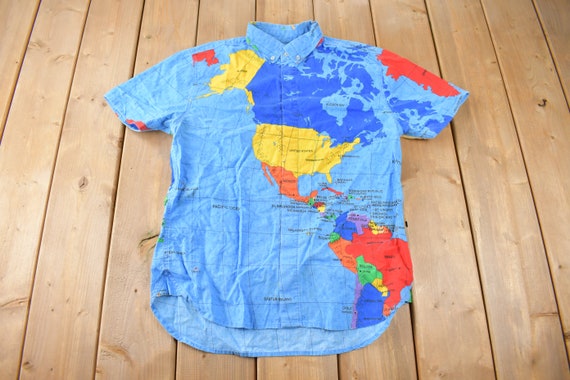Vintage 1990s Planet Earth Map Graphic All Over Print… - Gem