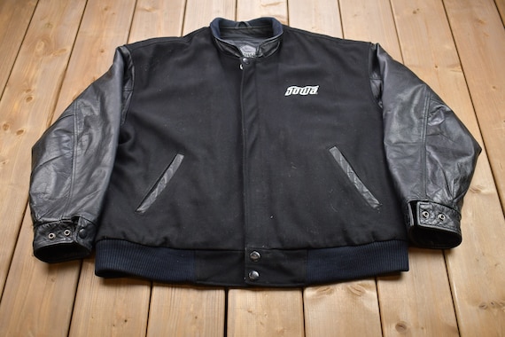 Vintage 1990s Outer Boundary Sowa Leather Varsity Jacket Vintage 1990s Outer Boundary Sowa Leather Varsity Jacket