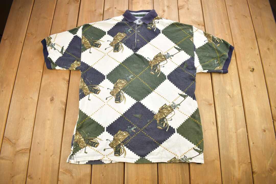 Vintage 1990s All Over Print Golf Theme Argyle Shirt / Vintage T Shirt ...