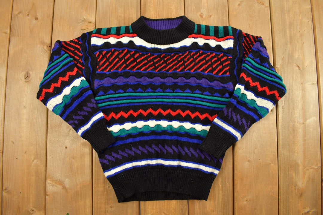 Vintage 1990s Lightning Bolt 3D Knit Youth Size Sweater / Vintage 90s ...