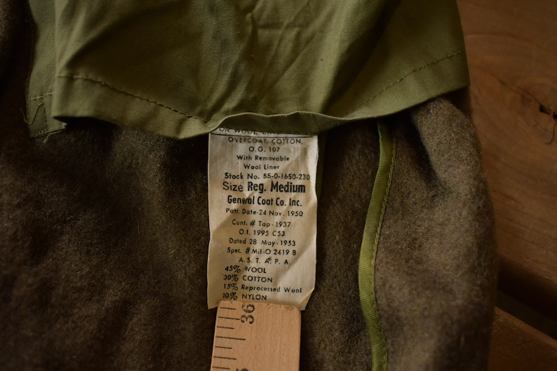 Vintage 1953 OG 107 Overcoat Military Liner / Button up Liner / Army ...