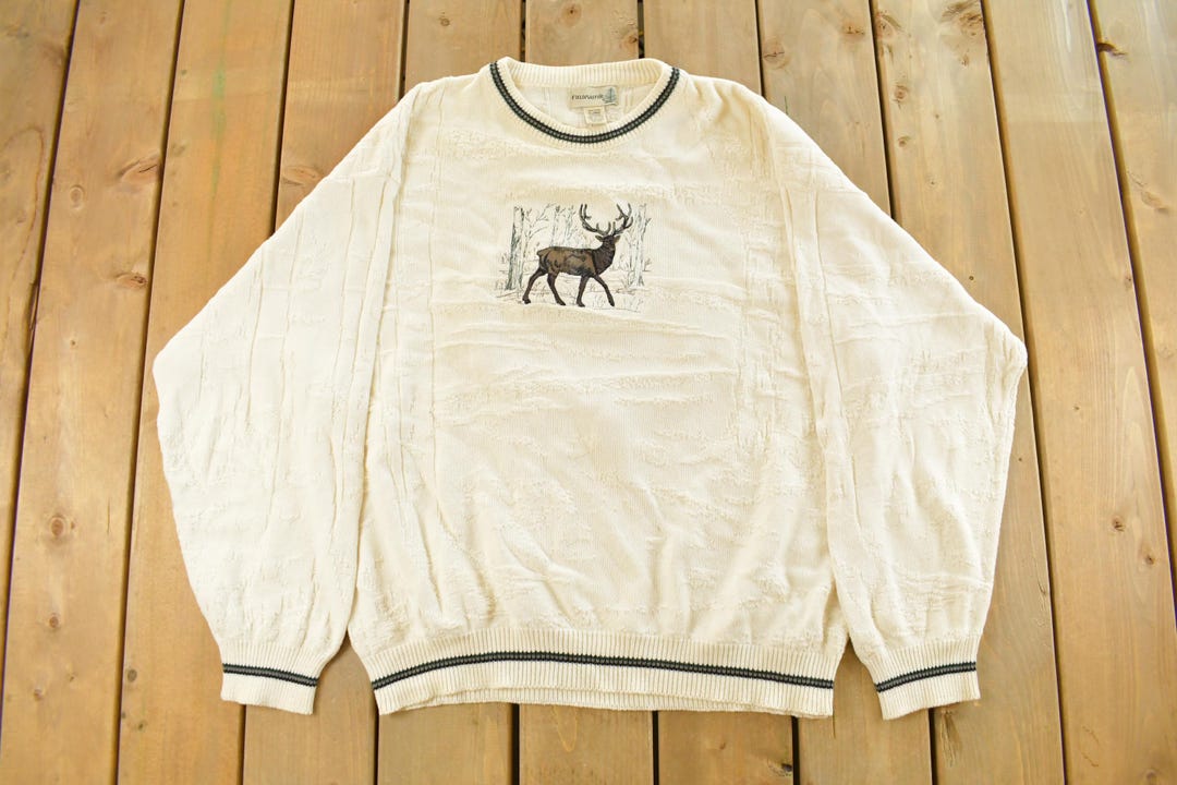 Vintage 1990s Fieldmaster Big Buck Deer Knit Crewneck Sweater Men's XL ...