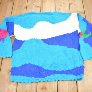 Vintage 1990s Fish Theme Hand Knit Women's Crewneck Sweater / Vintage ...