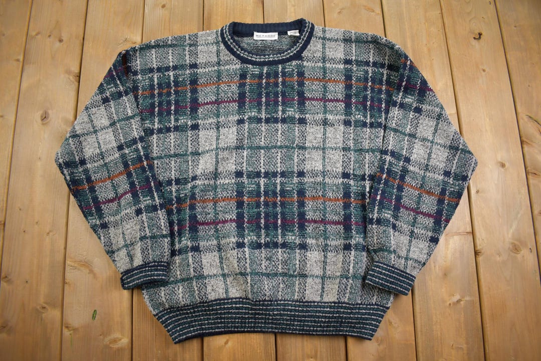 Vintage 1990s Knit Checker Knit Crewneck Sweater - Made in Italy - Etsy