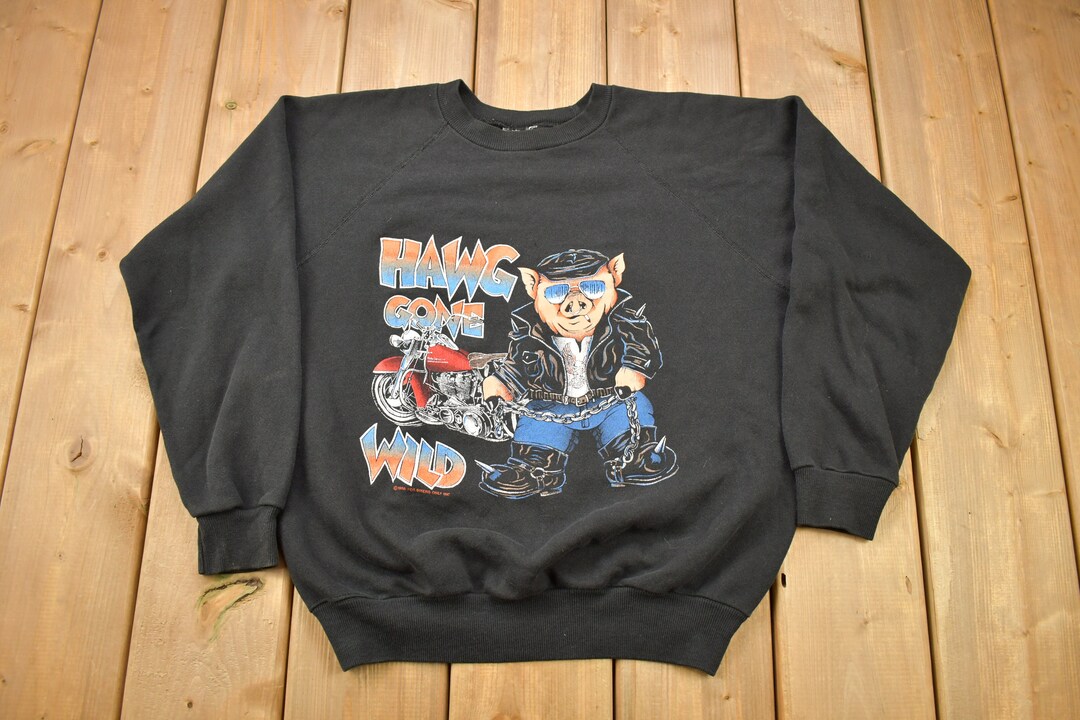 Vintage 1986 Hawg Gone Wild 3D Emblem Biker Graphic Raglan Crewneck ...