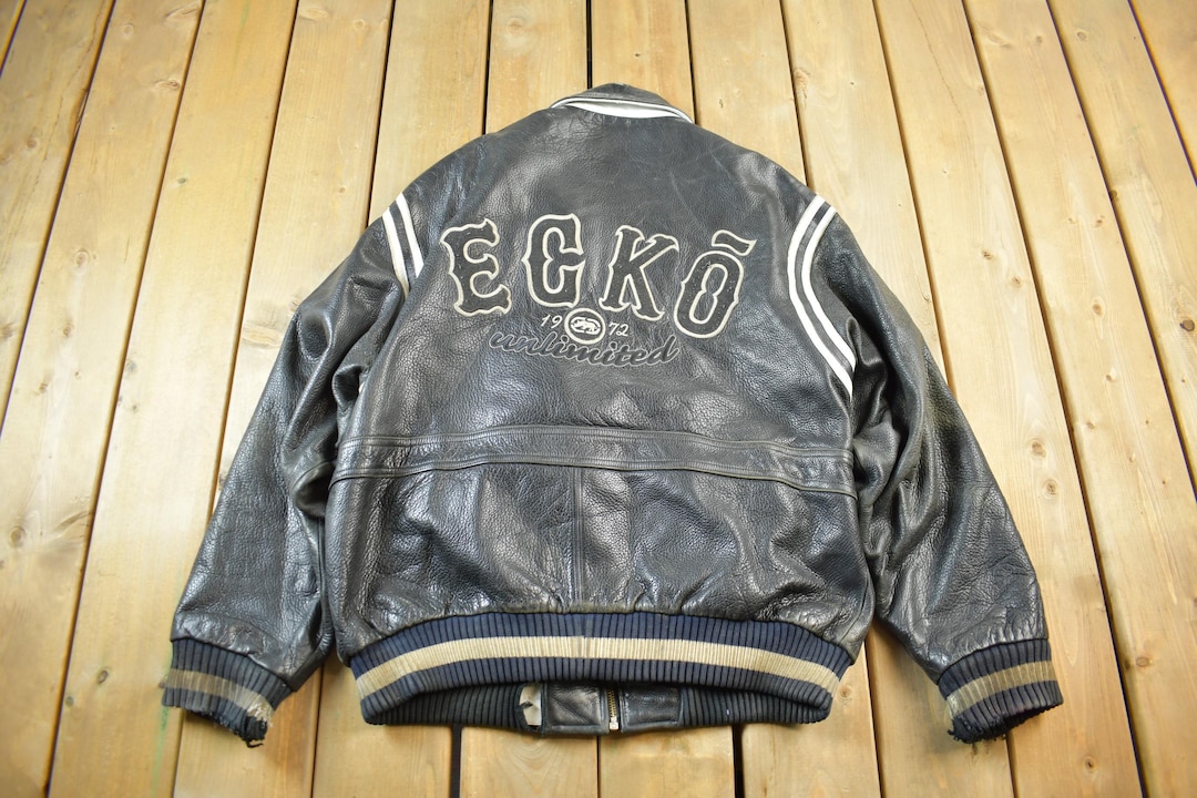 Vintage 1990s Ecko Unlimited Leather Varsity Jacket / Letterman Jacket ...