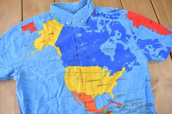 Vintage 1990s Planet Earth Map Graphic All Over Print… - Gem