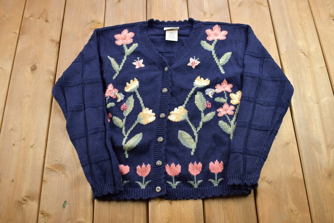 Vintage 1990s Northern Reflections Floral Knitted Cardigan Sweater ...