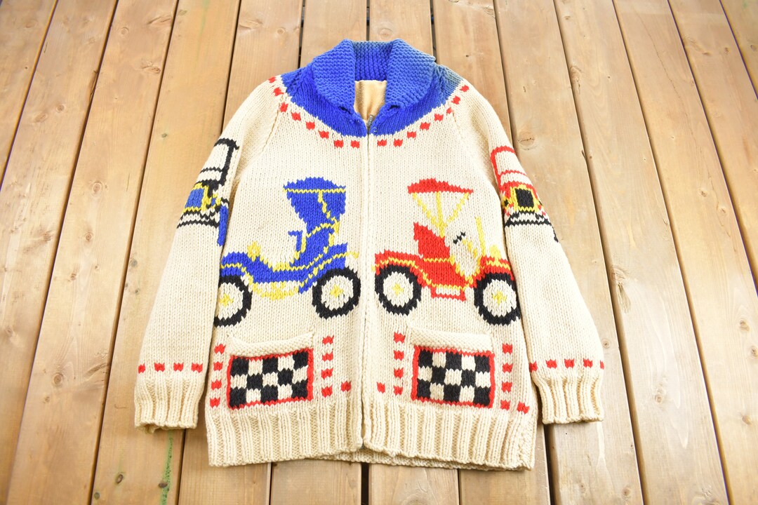 Vintage 1950s Hand-knit Vintage Car Theme Cowichan Sweater / Wool ...