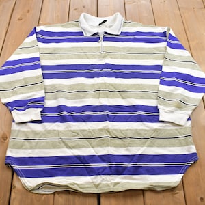 Vintage 1990s Basics Striped 1/4 Zip Collared Shirt Crewneck Sweatshirt ...