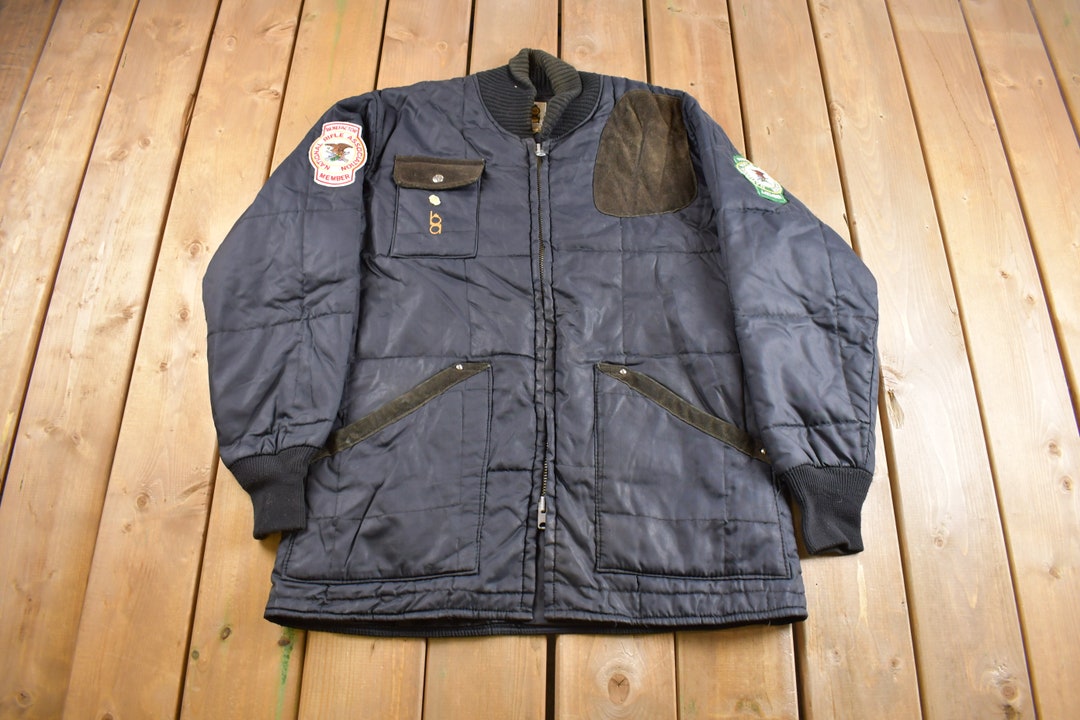 Vintage 1980s Bob Allen Hunting Puffer Jacket / Leather Patch Jacket ...