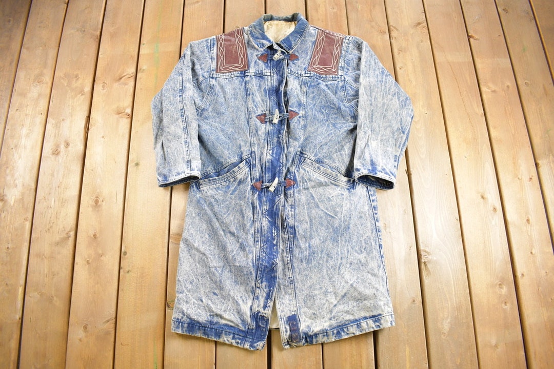 Vintage 1990s Long Denim Denim Jean Jacket / Western / Leather Accents ...