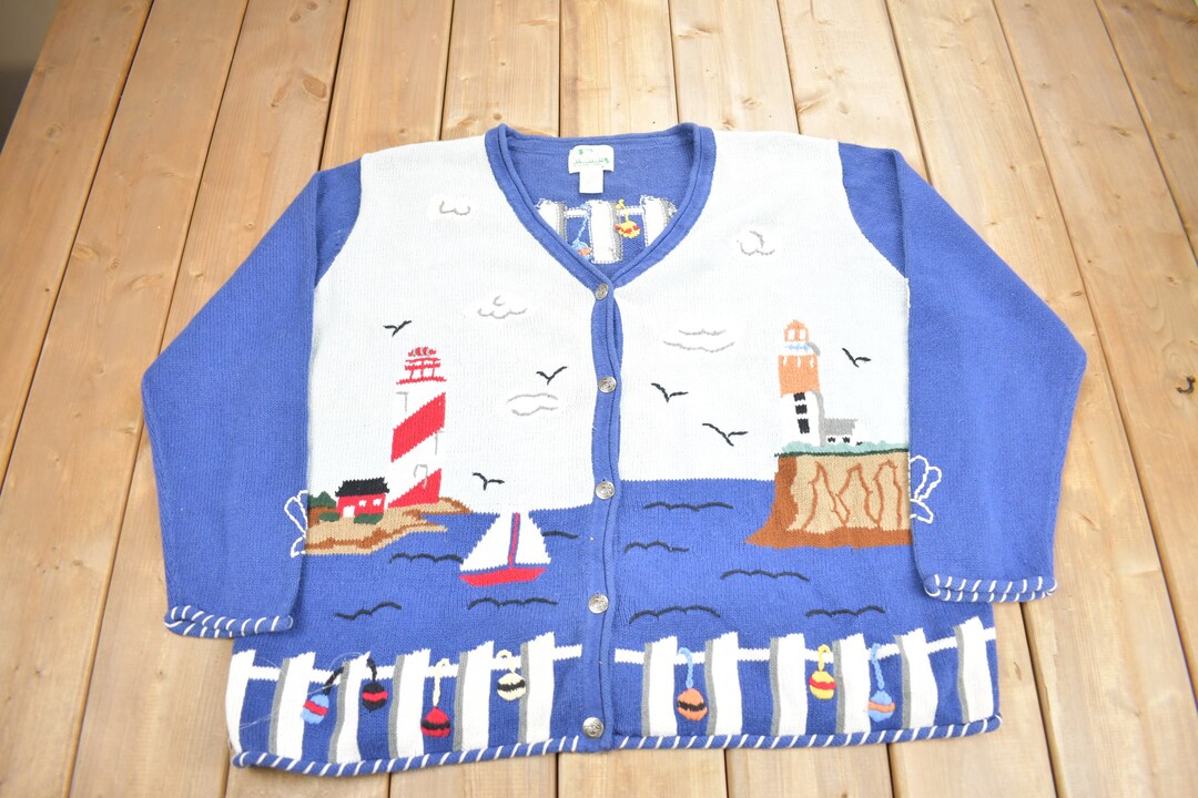 Vintage 1990s Lighthouse Theme Embroidered Knit Cardigan Sweater / Cute ...