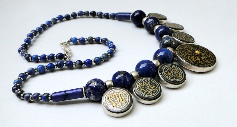 Gold Silver Bidari Work Pendant Natural Lapis Lazuli Gemstone Beads ...