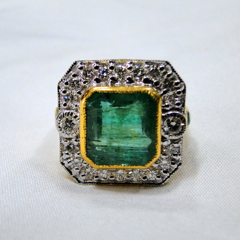 Emerald Ring Vintage Antique 18 K Solid Gold Diamond Emerald Ring ...