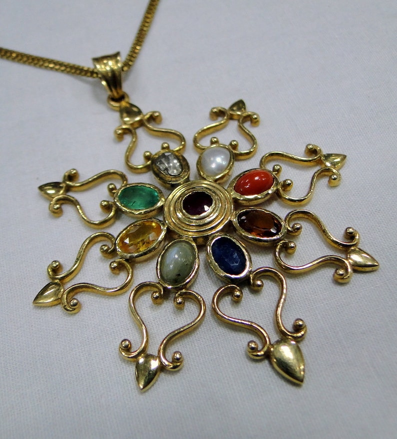 Real 9 Gemstone Pendant, Handmade Navratna Necklace in Panchdhatu, Nine ...