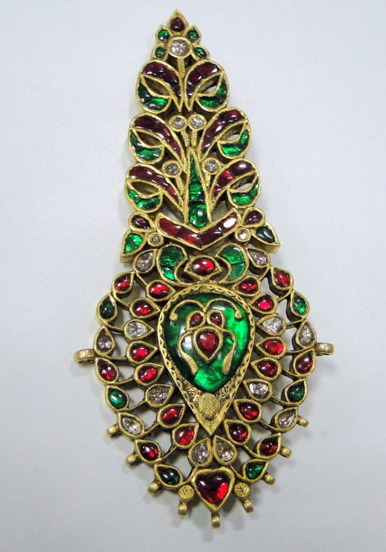 Vintage Royal 20K Gold Diamond Ruby Emerald Maharaja Turban Pin Pendant ...