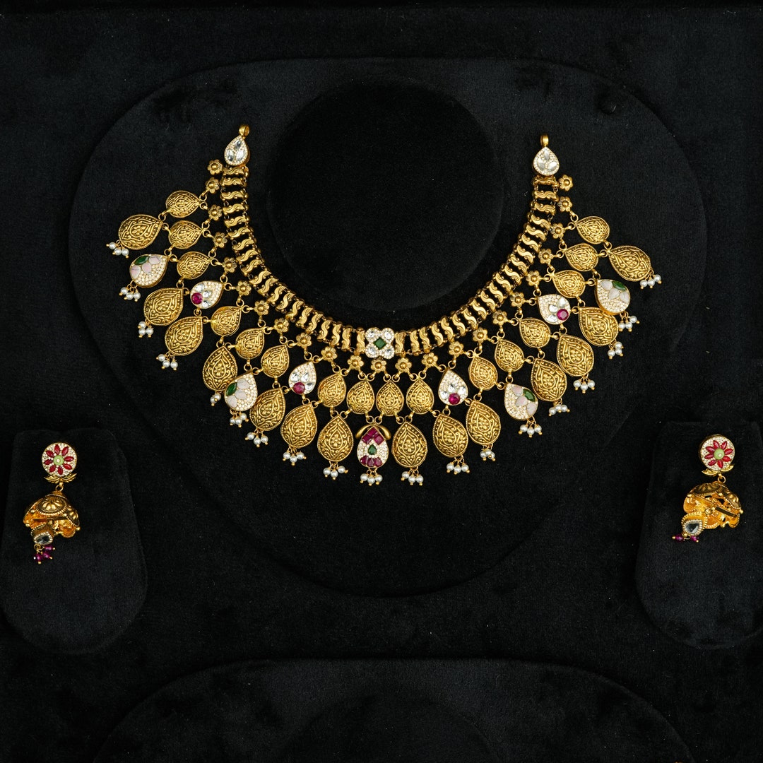 Gold Choker Necklace • 22K Real Gold Set With Earrings • Real Gold ...