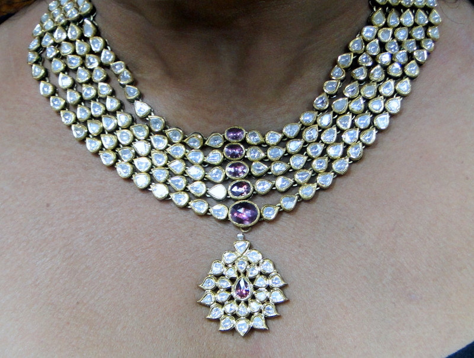 Vintage 20 Ct Gold Diamond Kundan Meena Necklace Choker W Earrings ...