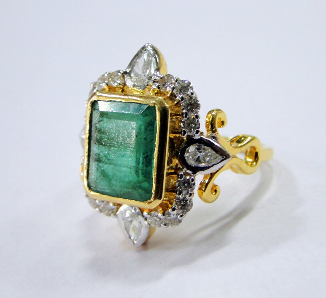 Emerald Ring Vintage Antique 18 K Solid Gold Diamond Emerald Ring ...