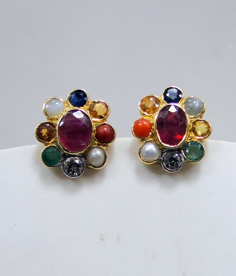 Multi Colored Studs/multi Stone Earrings/antique Gold Studs/temple Stud ...