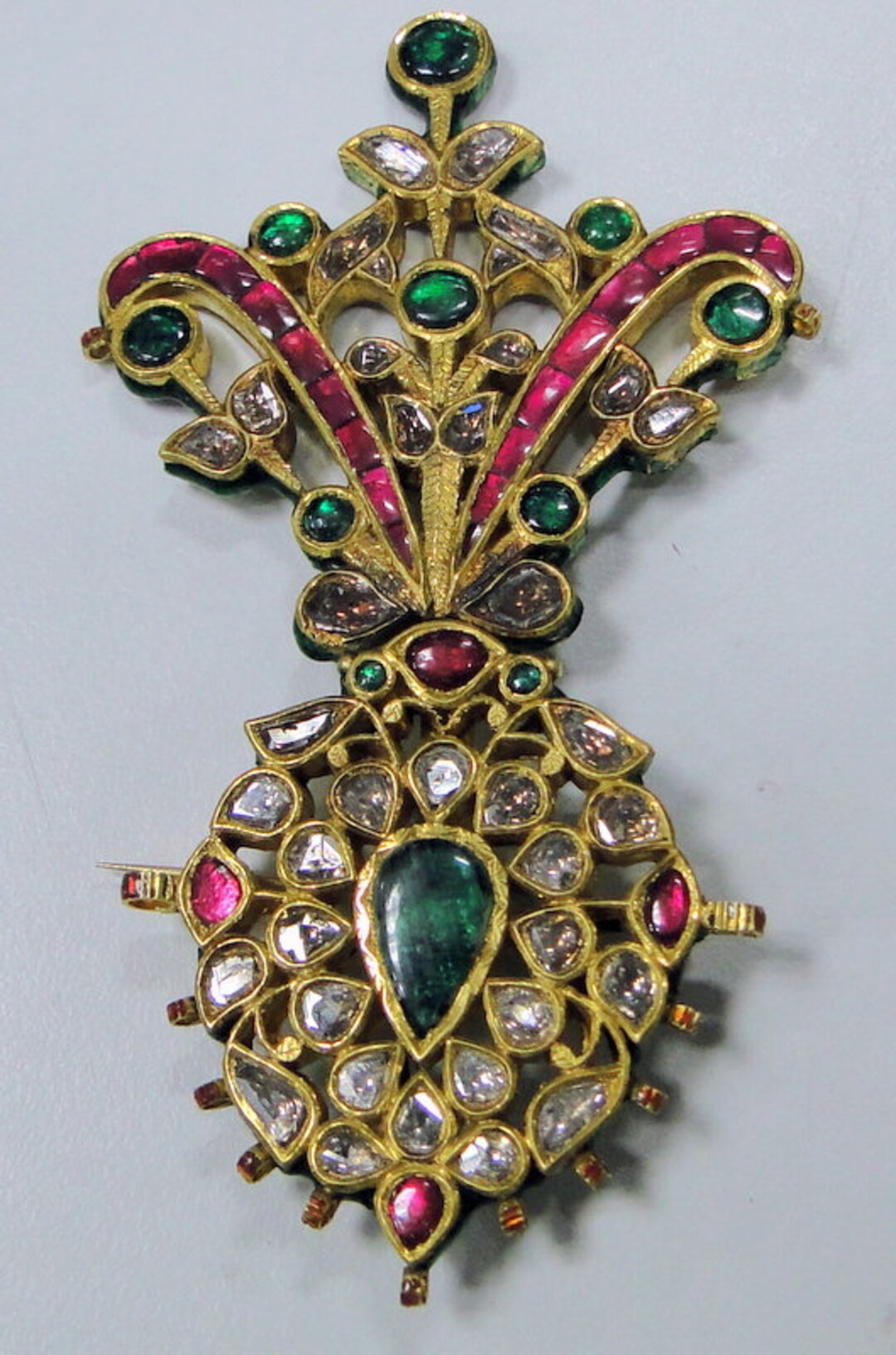 Vintage Royal 20K Gold Diamond Ruby Emerald Maharaja Turban Pin Pendant ...