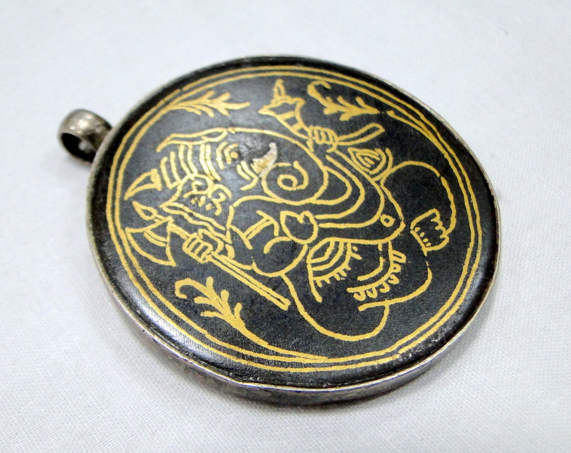 Ganesha Pendant Bidari Work Gold & Sterling Silver 11810 - Etsy