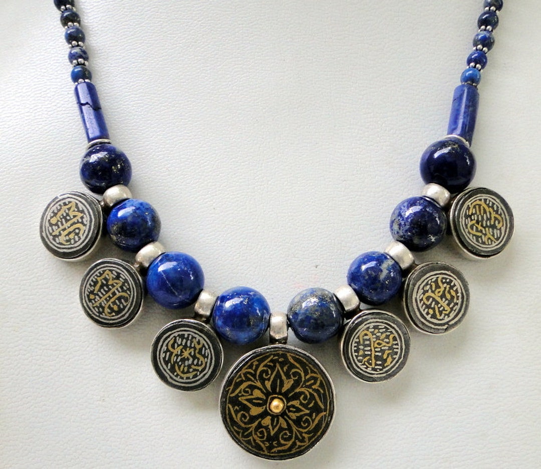Gold Silver Bidari Work Pendant Natural Lapis Lazuli Gemstone Beads ...