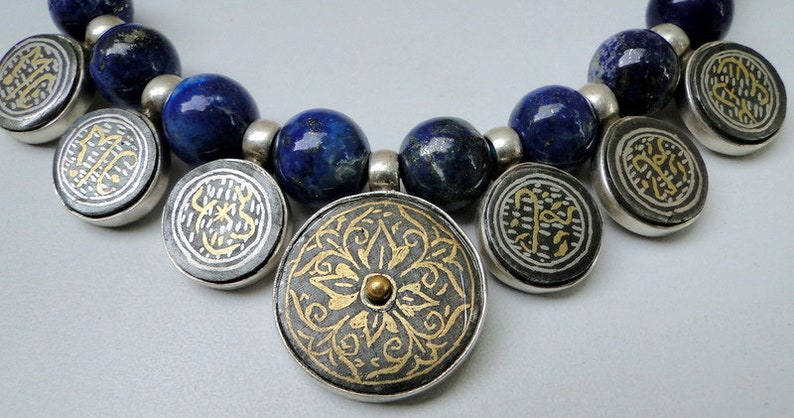 Gold Silver Bidari Work Pendant Natural Lapis Lazuli Gemstone Beads ...