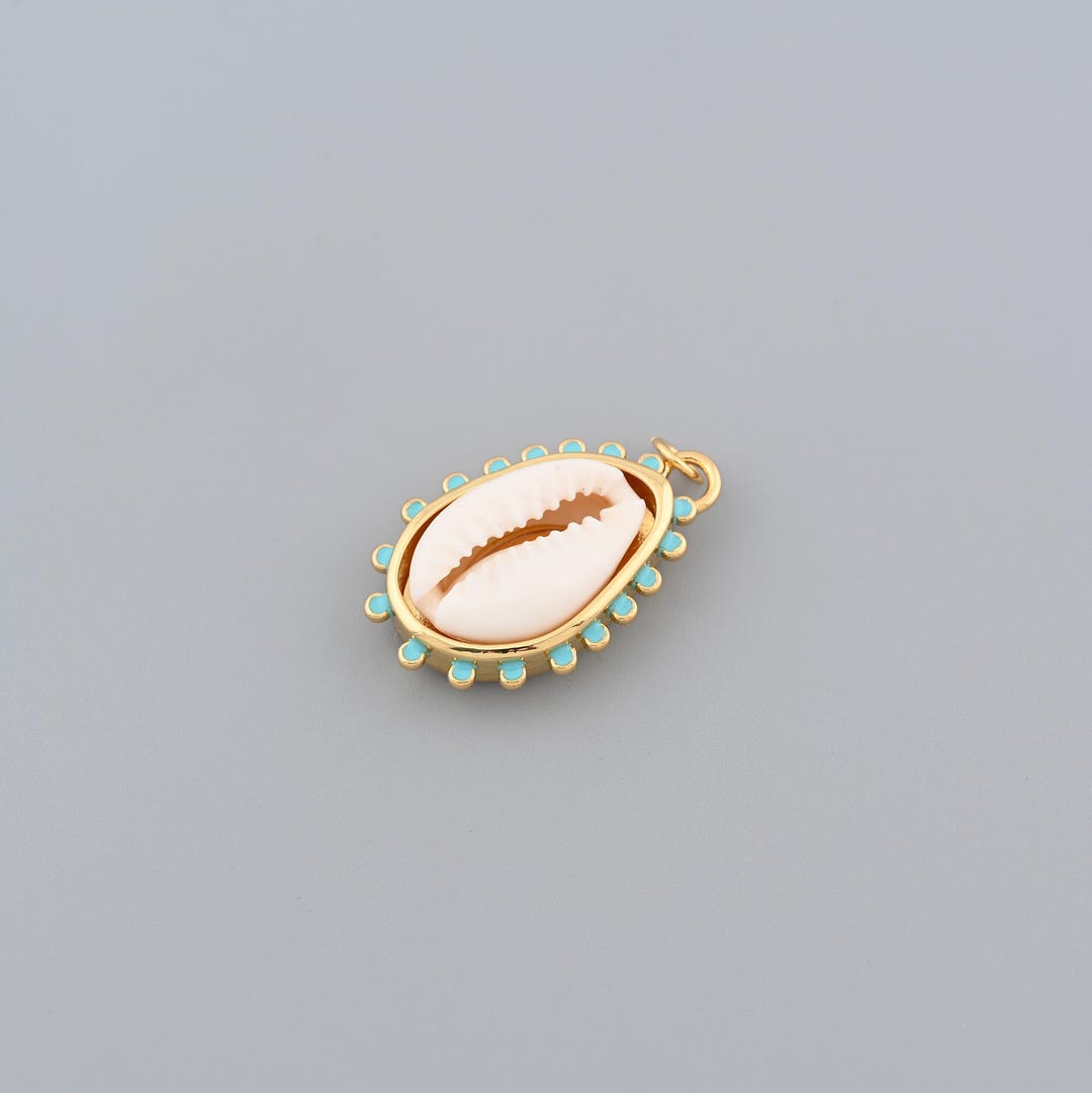 Natural Cowrie Shell Pendant With Blue Accent Border, 18K Gold Filled ...