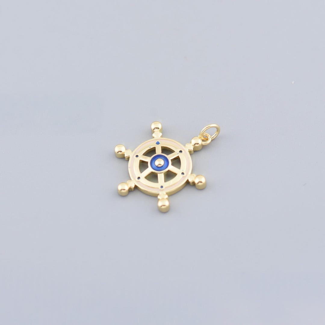 Nautical Gold Ship Wheel Pendant With Blue Enamel for Coastal Necklaces ...