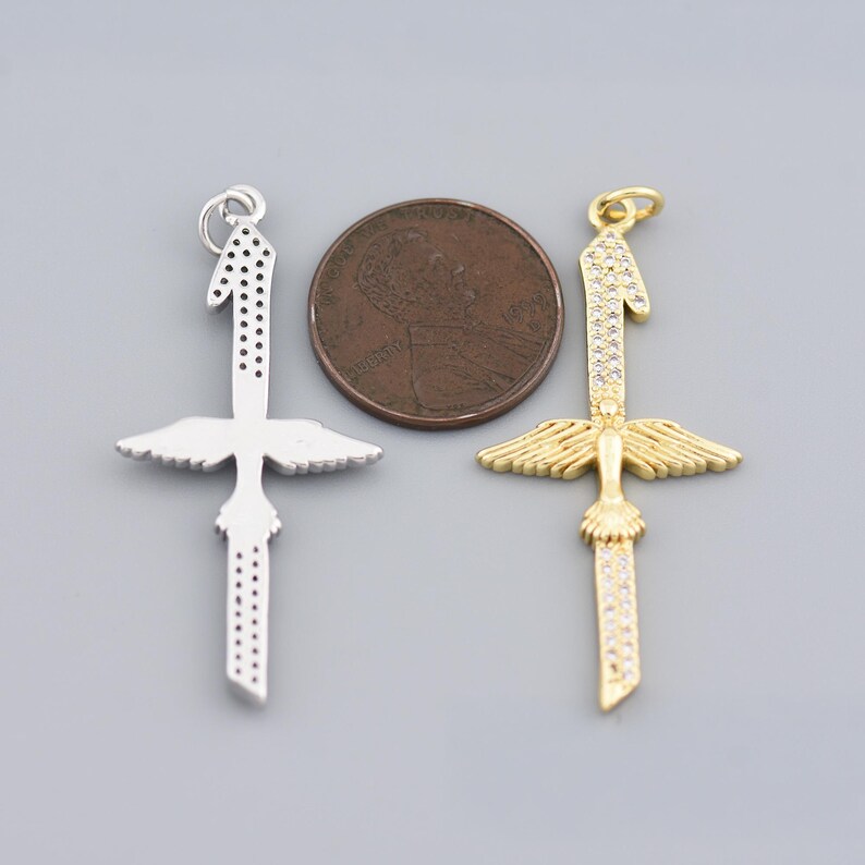 Angel Wing Sword Pendant in Gold With Rhinestone Blade, Unique Fantasy ...