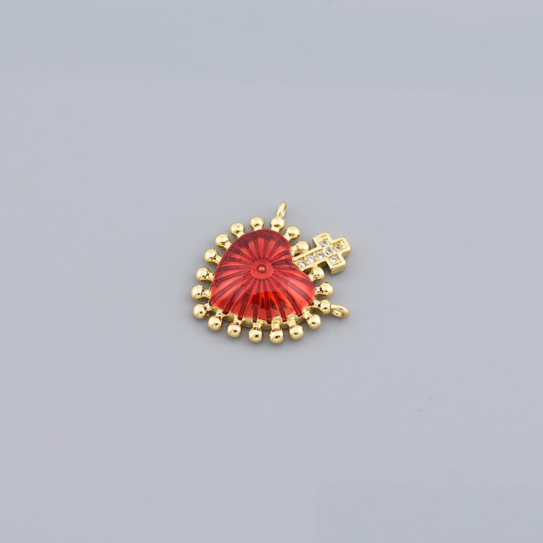 Sunray Style Sacred Heart Pendant With Ruby Red Center, Catholic ...
